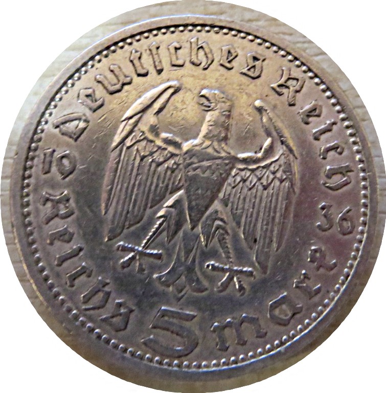 5 Reichsmark 1935 / 1936 Hindenburg – Silbermünze Deutschland ...